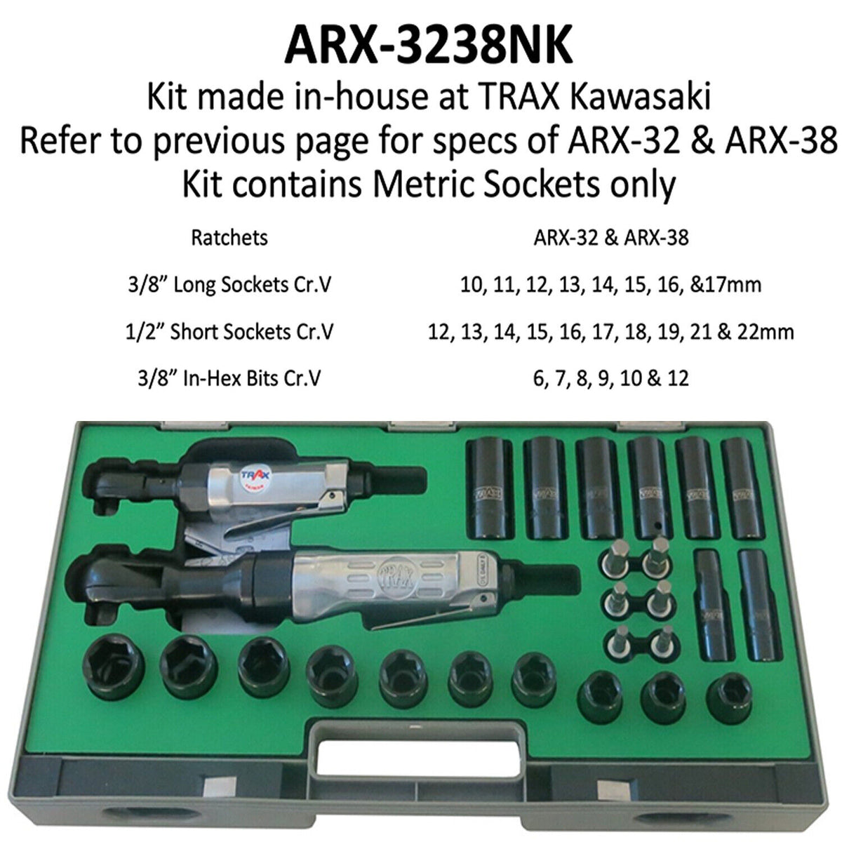 TRAX 3/8 1/2" AIR PNEUMATIC QUALITY RATCHET SOCKET WRENCH KIT MADE IN ...